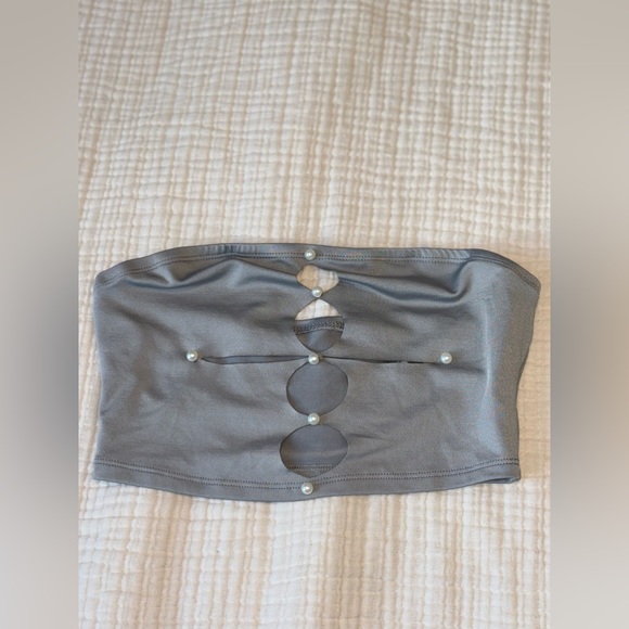 SHEIN | Tops | Shein Grey Crop Top With Teardrop Cut Outs And Pearls ...